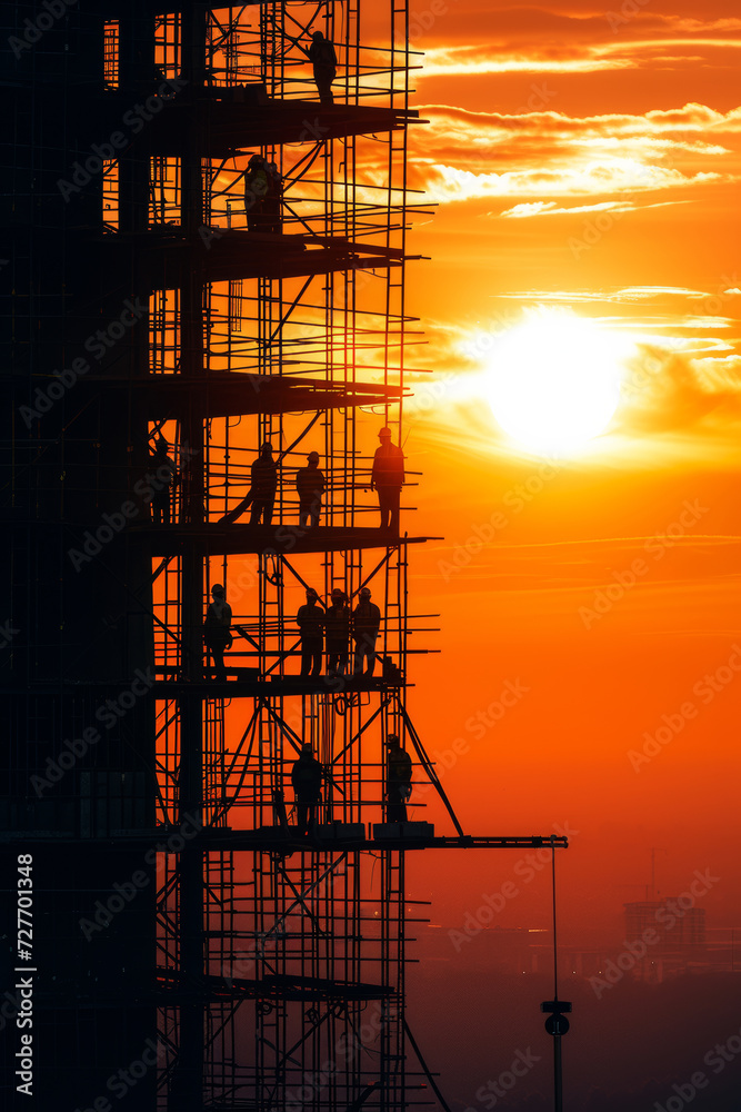 Workers Collaborating on High Scaffold at Dusk. Vertical image of ...