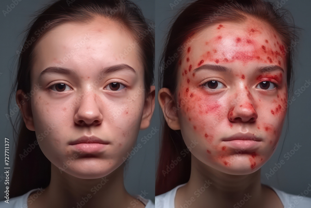 Image before and after spot red scar acne pimples treatment on face ...