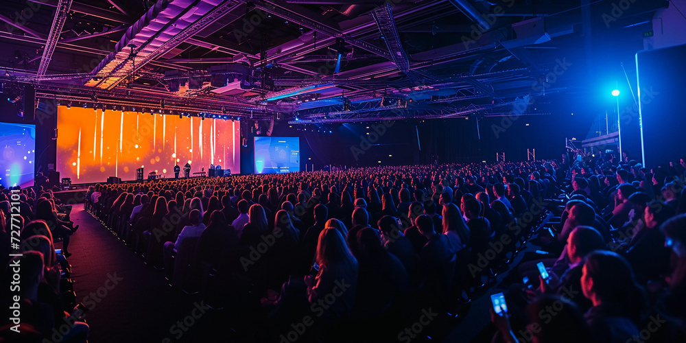 content marketing event, speakers on stage, audience with digital ...