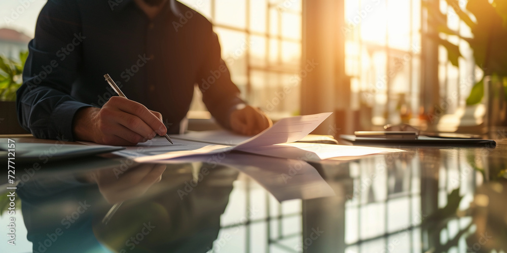 compliance officer reviewing documents in a well-lit, modern office ...