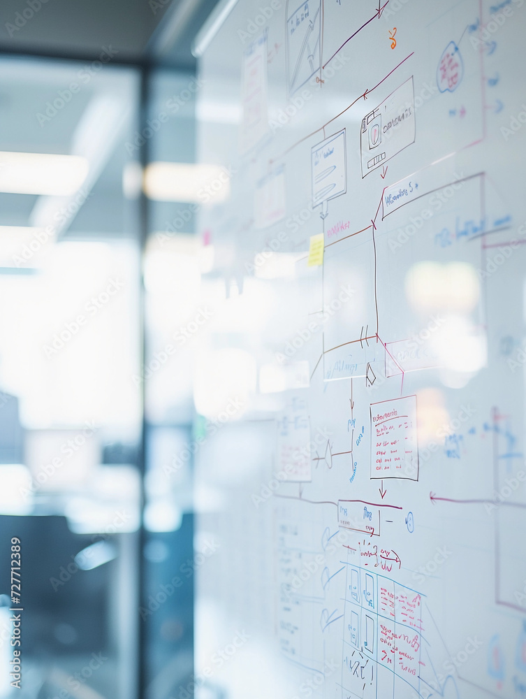 whiteboard filled with intricate flowcharts and progress graphs, in a bright, modern corporate ...