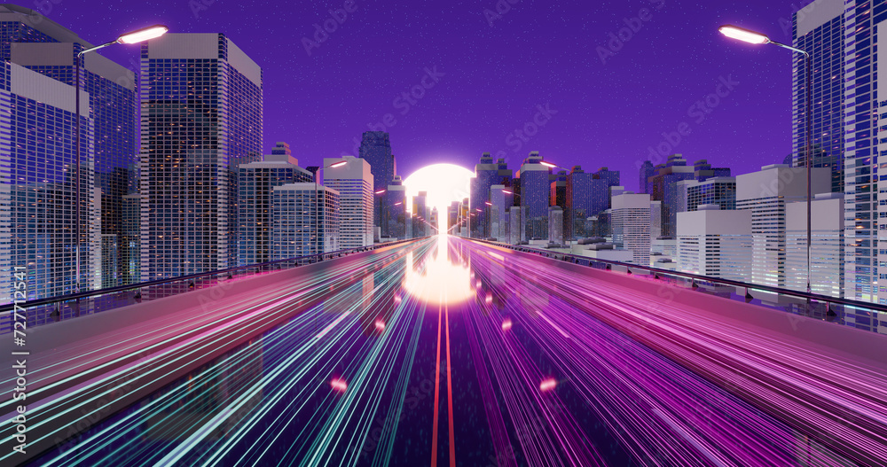 Asphalt road and vehicle light trails. Metropolitan night cityscape ...