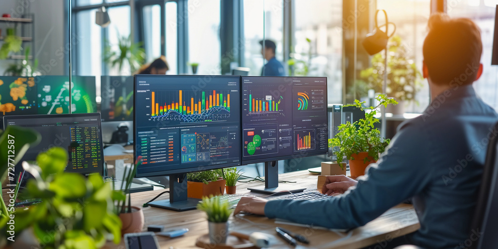 bustling digital marketing office, with a team engaged in content ...