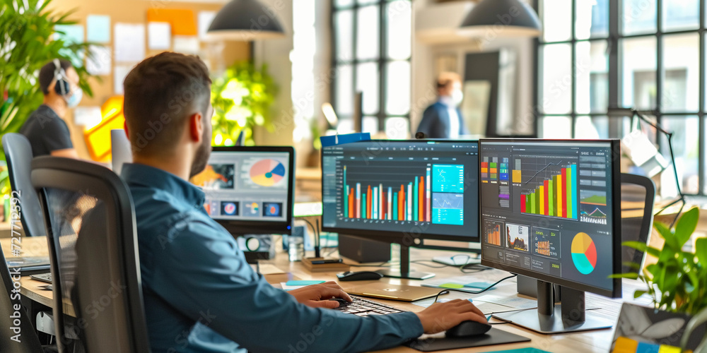 bustling digital marketing office, with a team engaged in content ...