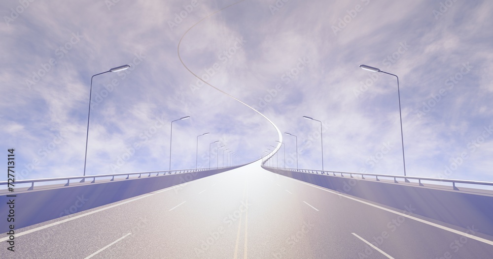 Empty asphalt road. Highway to the heaven. God ray and shiny road. 3D ...