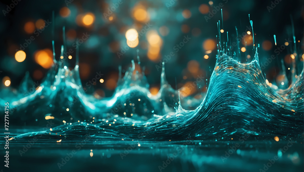 Harmonic resonance depicted by bright teal particles, creating a ...