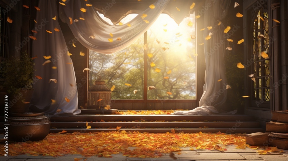 A solemn yet celebratory 3D-rendered Eid stage, a podium wrapped in ...