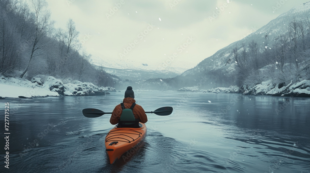 whitewater kayaking, down a white water rapid river in the ice ...
