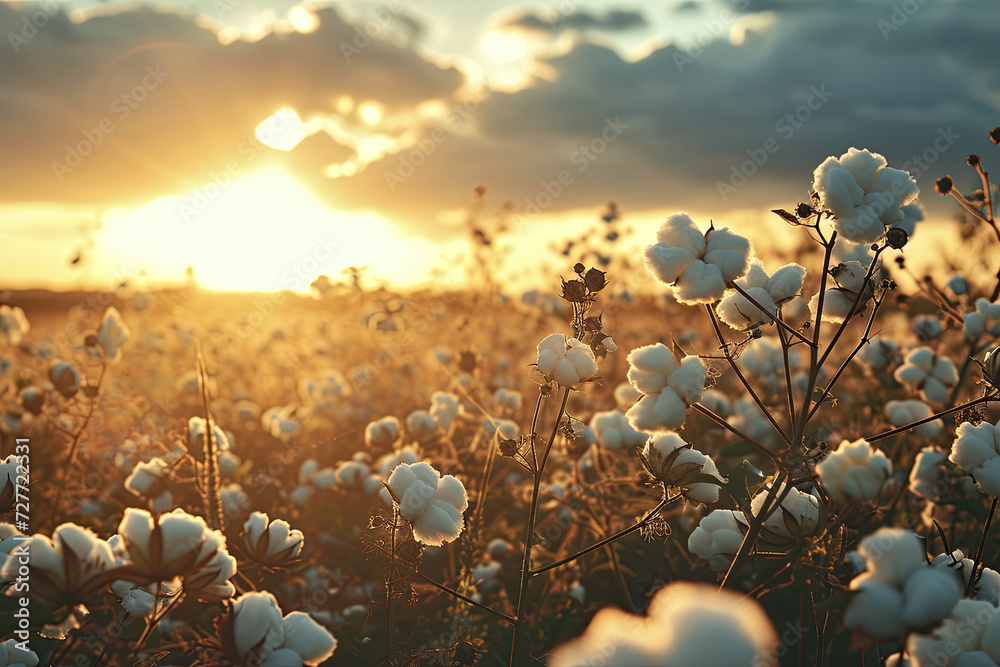 Cotton farm during harvest season. Field of cotton plants with white ...