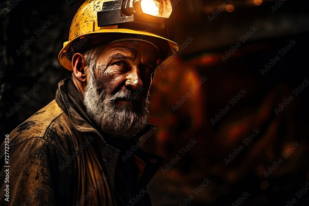 Caucasian man with face dirty, helmet on his head, deep mine natural ...