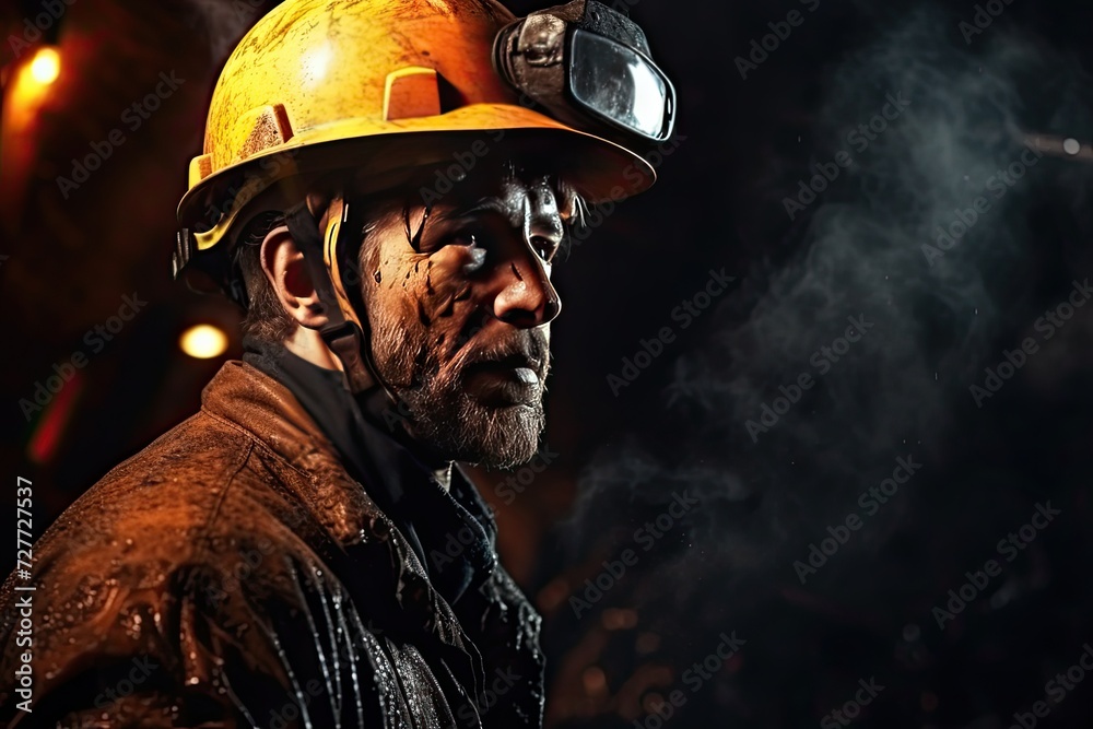 Caucasian man with face dirty, helmet on his head, deep mine natural ...