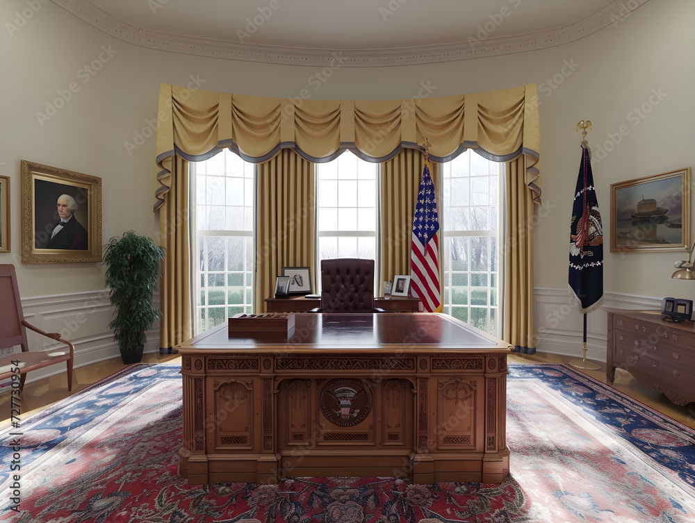 Elegant Presidential Office Interior with Ornate Resolute Desk and ...