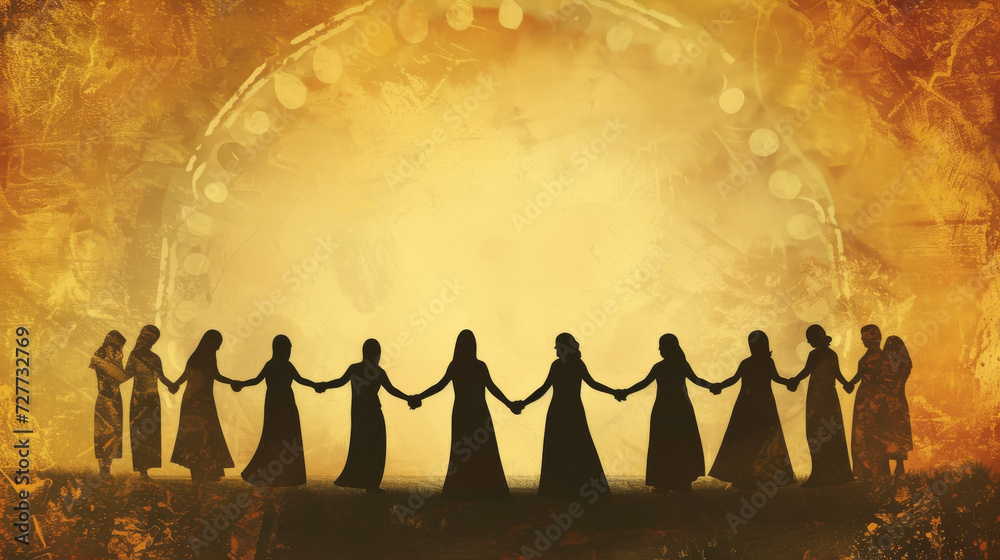 A background design depicting silhouettes of women holding hands in a ...