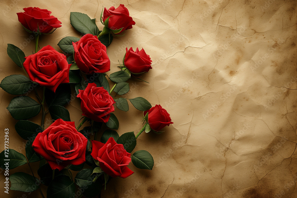 bouquet de roses rouges posées sur papier parchemin vieillit jauni ...