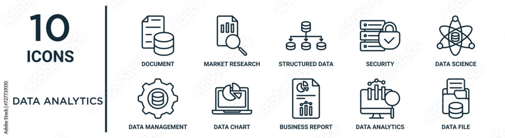 data analytics outline icon set such as thin line document, structured ...