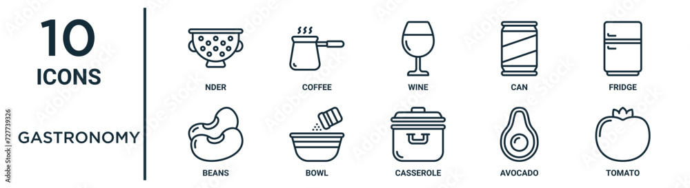 Vetor de gastronomy outline icon set such as thin line nder, wine ...