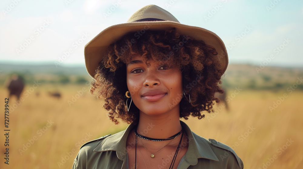 Woman with curly hair, wearing adventurer outfit and hat on a safari ...