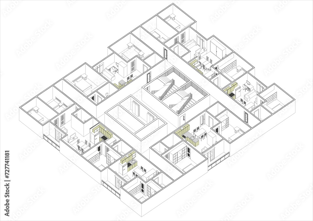 3D Axonometric Illustration of Apartment Floor Plan-Building Interior ...