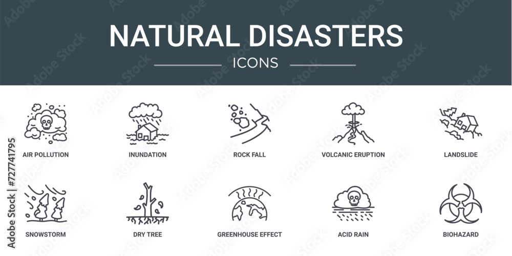 set of 10 outline web natural disasters icons such as air pollution ...