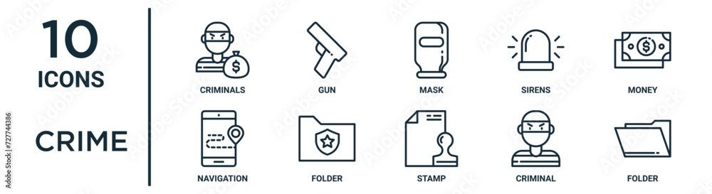 crime outline icon set such as thin line criminals, mask, money, folder ...