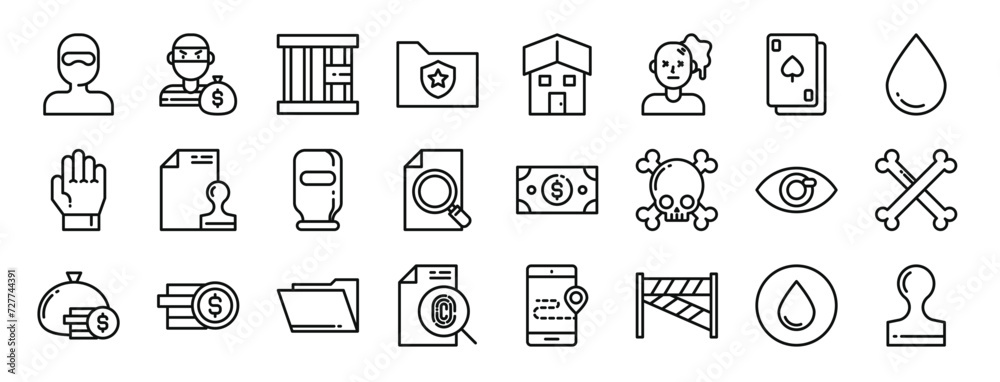 Vetor de set of 24 outline web crime icons such as criminal, criminals ...