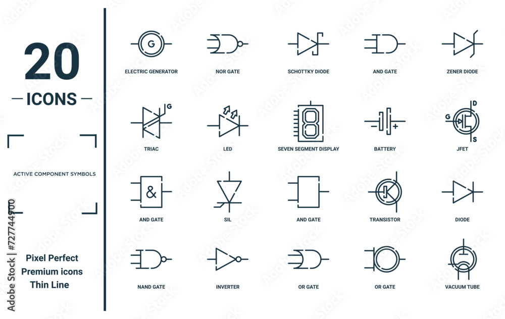 active component symbols linear icon set. includes thin line electric ...