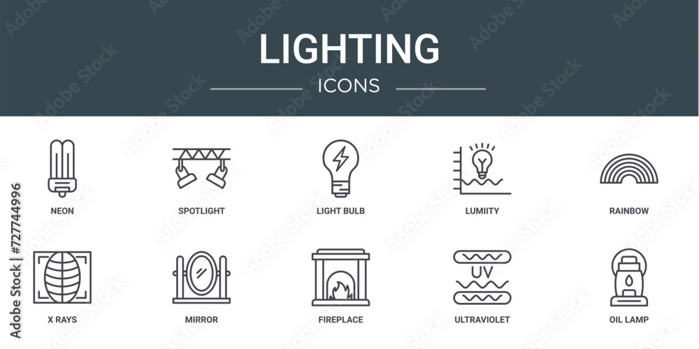 set of 10 outline web lighting icons such as neon, spotlight, light ...