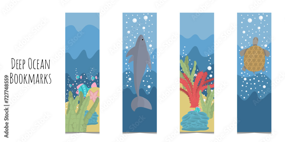 Set of cute kids bookmarks for reading books. Ocean animals with corals ...