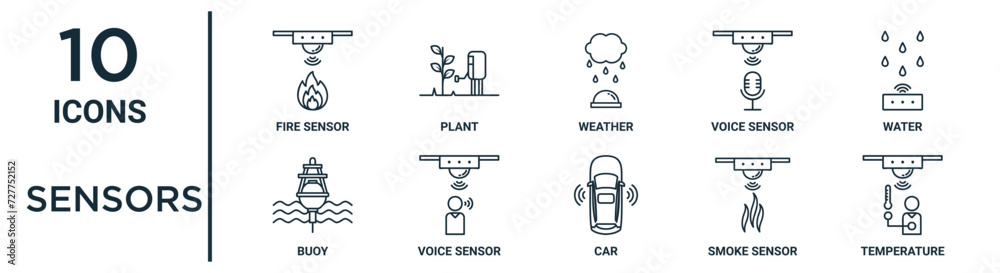 sensors outline icon set such as thin line fire sensor, weather, water ...
