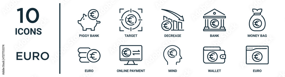 euro outline icon set such as thin line piggy bank, decrease, money bag ...
