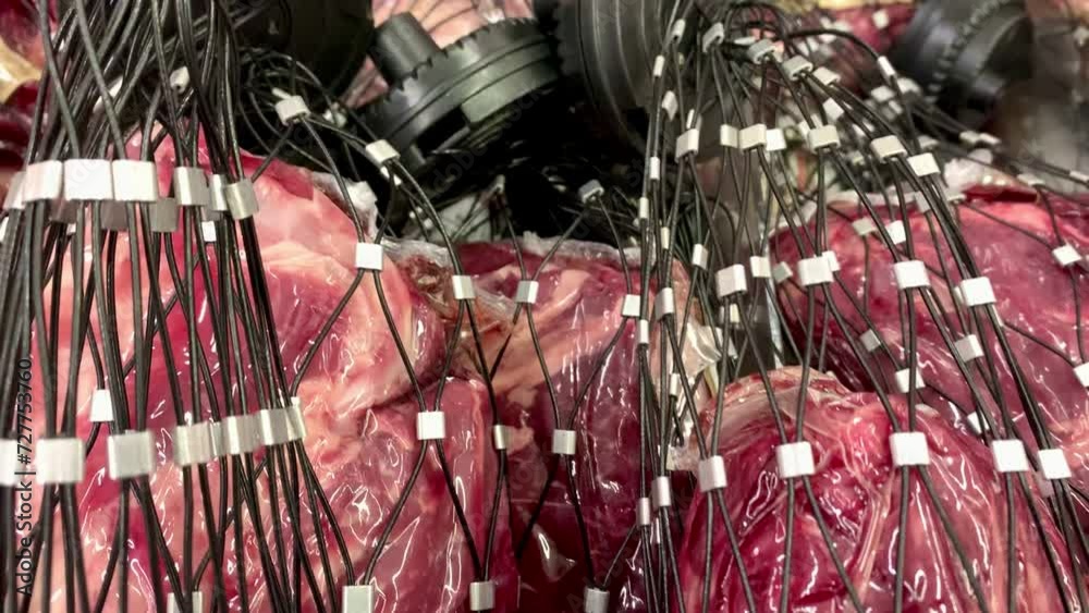 Buying meat at the supermarket. Juicy pieces of meat for a barbecue ...