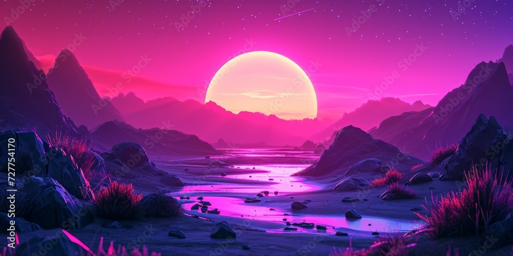 Retro wave and synthwave digital landscape, sunset, mountains. Bright ...