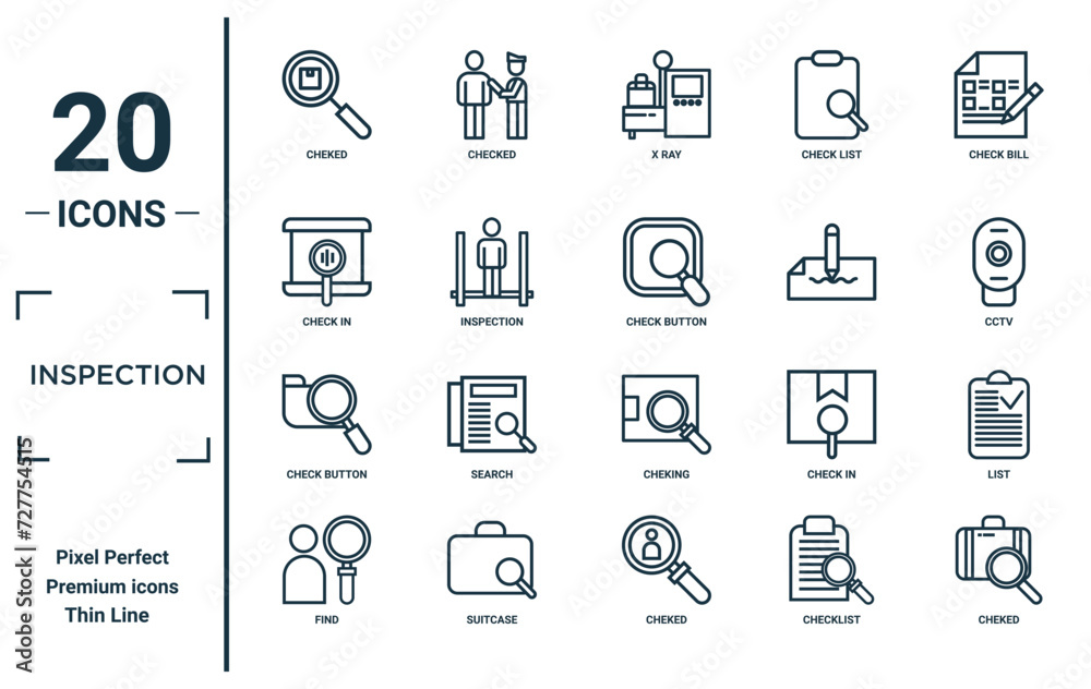 inspection linear icon set. includes thin line cheked, check in, check ...
