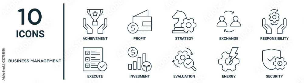 business management outline icon set such as thin line achievement ...