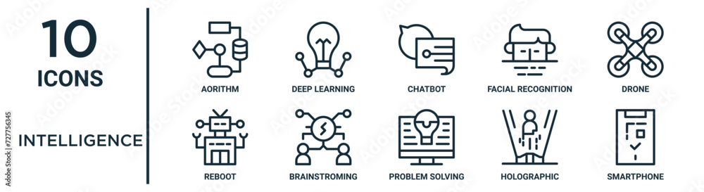 intelligence outline icon set such as thin line aorithm, chatbot, drone ...
