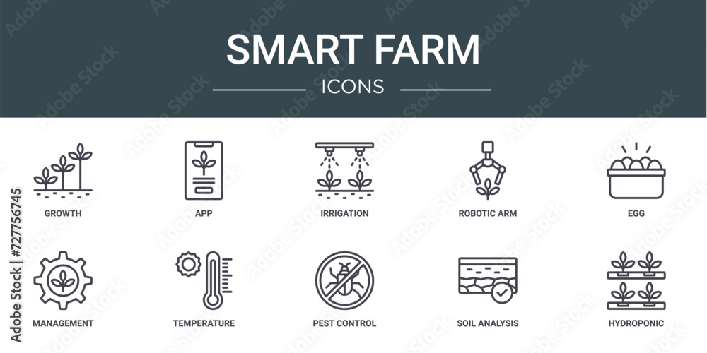 set of 10 outline web smart farm icons such as growth, app, irrigation ...