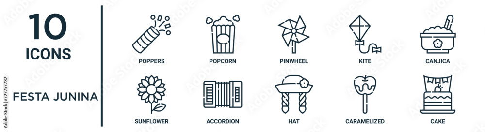 festa junina outline icon set such as thin line poppers, pinwheel, canjica, accordion ...