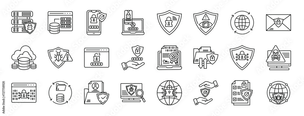 set of 24 outline web network security icons such as secure server ...