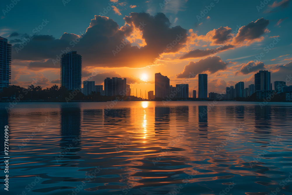 City skyline at sunset with a majestic architectural backdrop ...