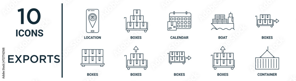 exports outline icon set such as thin line location, calendar, boxes ...