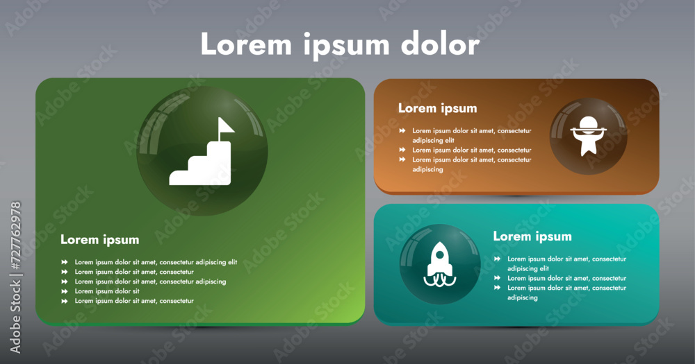 Three infographic elements with 6 and 3 sections for information. The ...