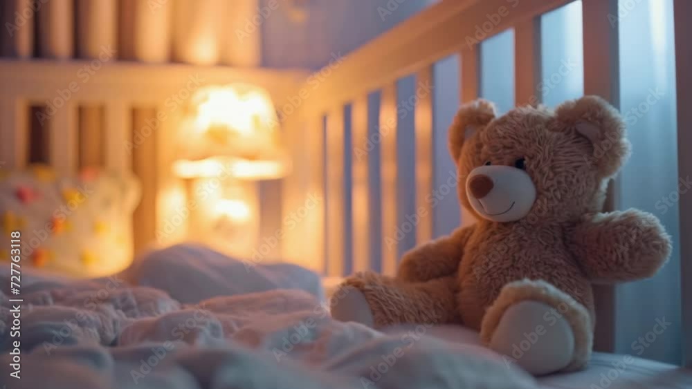 Cozy baby crib. Comfortable bed for little child. Kid cot in bedroom ...