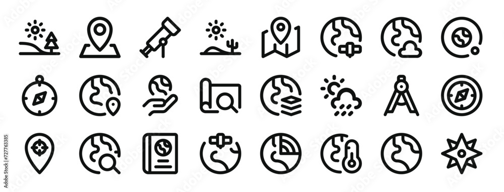 set of 24 outline web geography icons such as landscape, location pin ...