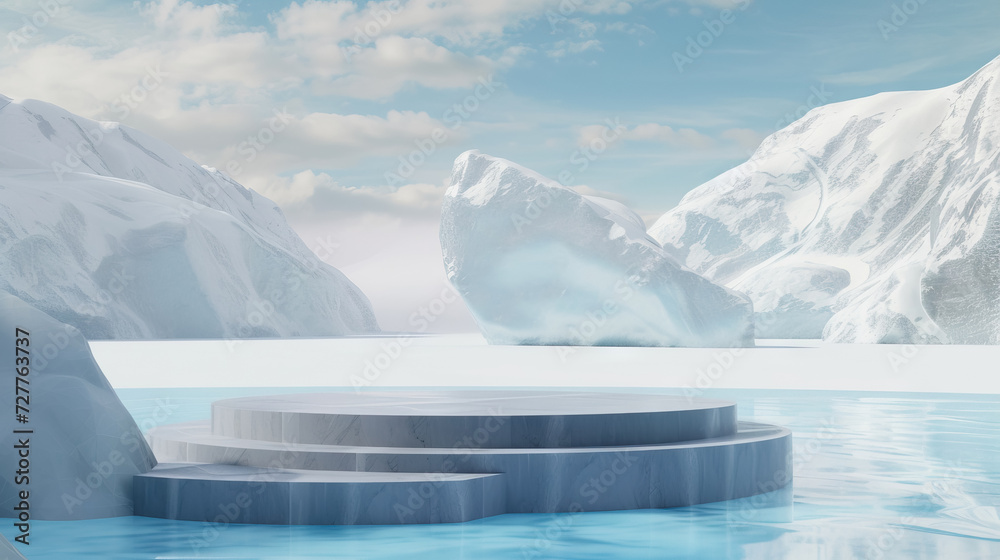 winter scene and Natural podium background, Ice podium on the ice rock ...