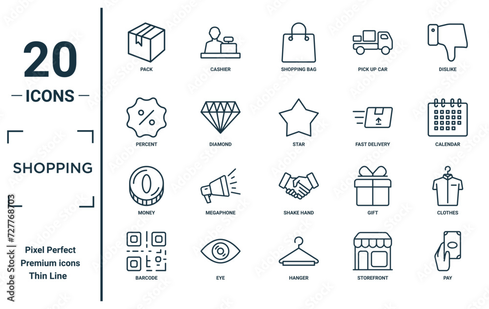 shopping linear icon set. includes thin line pack, percent, money ...