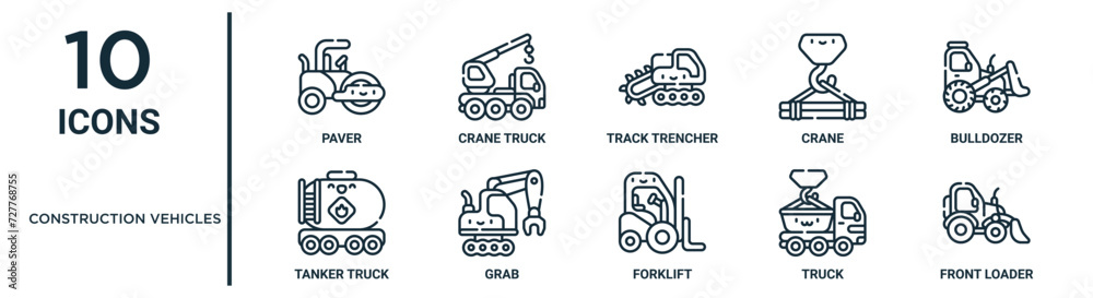 construction vehicles outline icon set such as thin line paver, track ...