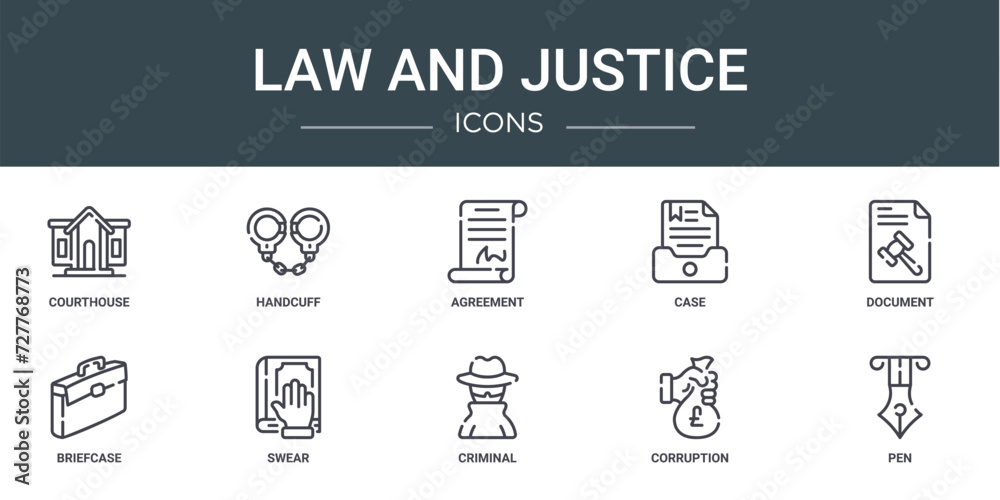 set of 10 outline web law and justice icons such as courthouse ...