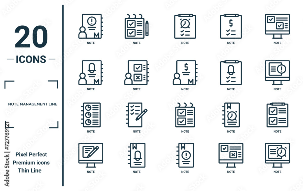 note management line linear icon set. includes thin line note, note ...