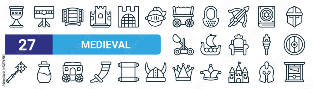 set of 27 outline web medieval icons such as goblet, pillory, barrel ...