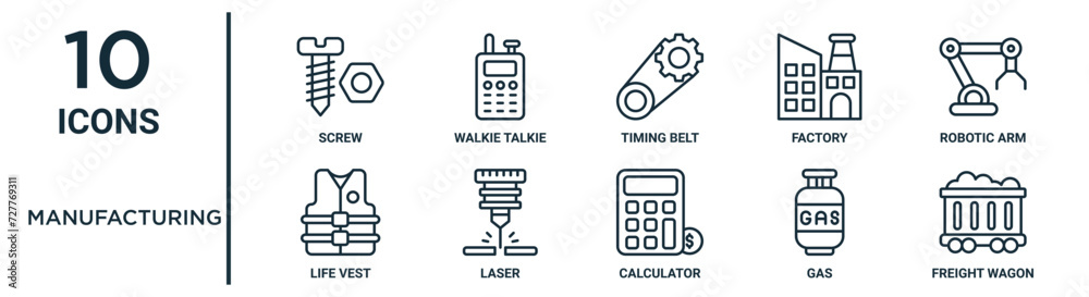 manufacturing outline icon set such as thin line screw, timing belt ...